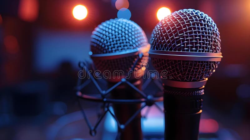 Two Microphones in a Dimly Lit Podcast Studio with a Large Banner for ...