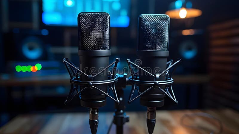Two Microphones in a Dimly Lit Podcast Studio with a Wide Banner and ...