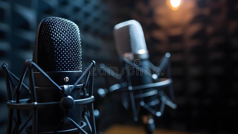 Two Microphones Set Up in a Podcast Studio with a Dark Backdrop ...