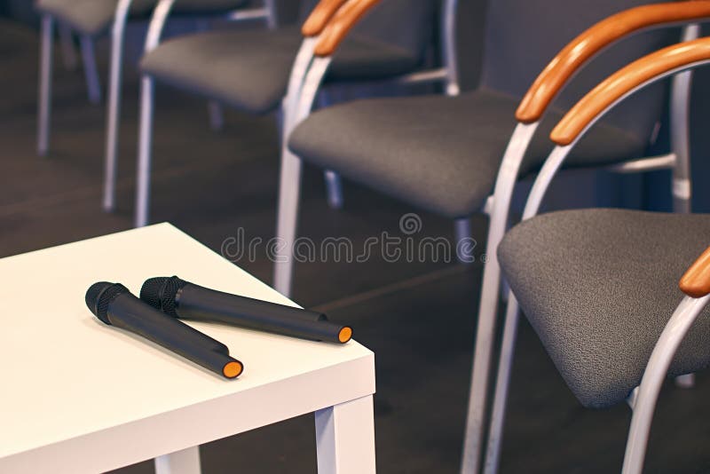 Microphone on the Table in Empty Auditorium Stock Image - Image of ...