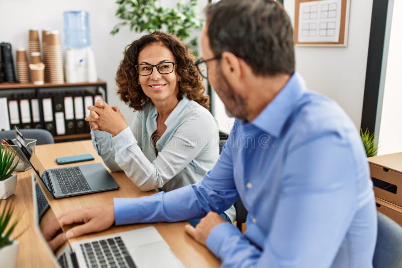 Two Middle Age Business Workers Smiling Happy Working at the Office ...