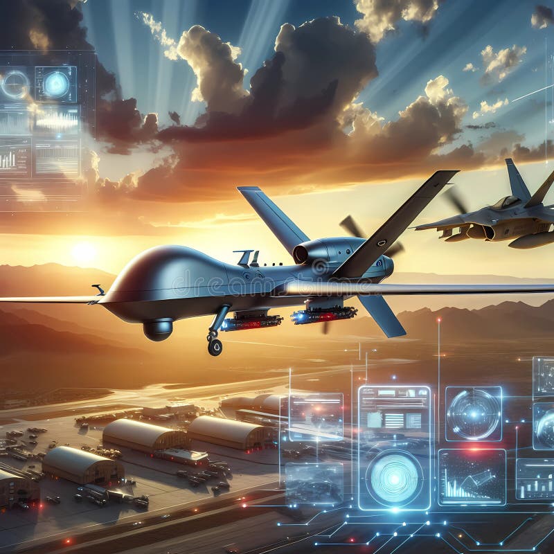 Two Military Drones Glide through a Vibrant Sky at Sunset, Revealing a ...