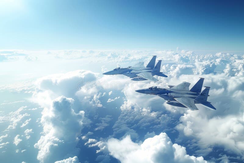 Two Military Fighter Jet Aircraft Flying in Formation Above the Clouds ...