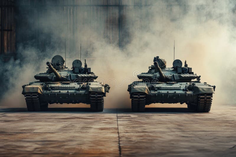 Two Military Tanks Positioned in a Smoky Hangar during a Training ...