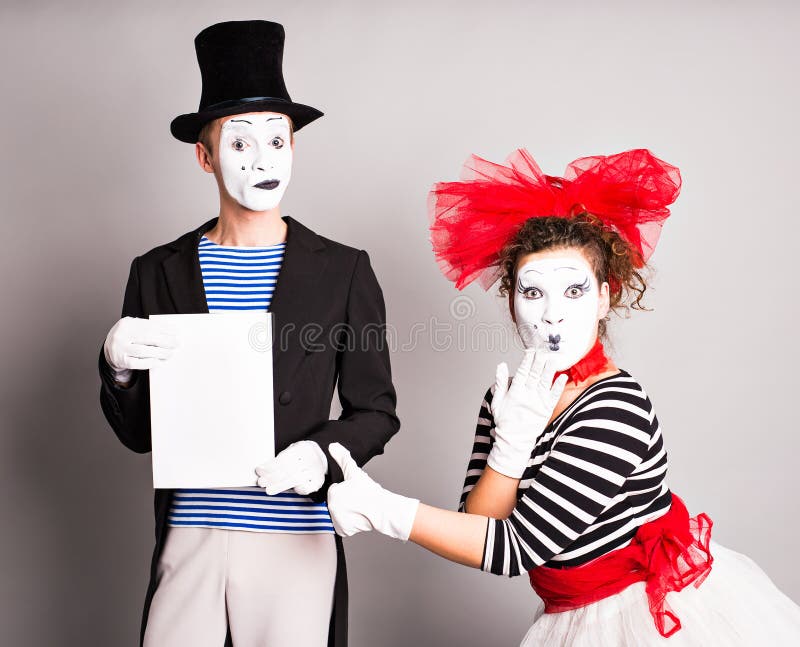 Two Mimes with a Sign for Advertising, April Fools Day Concept Stock ...