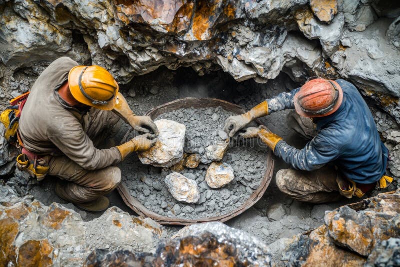 Two Miners are Focused on Extracting Rare Gemstones from Rock ...