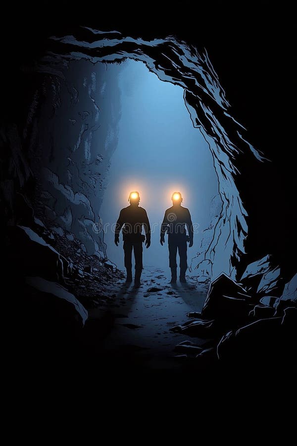 Two Miners Walking into the Unknown. Silhouettes of People with ...