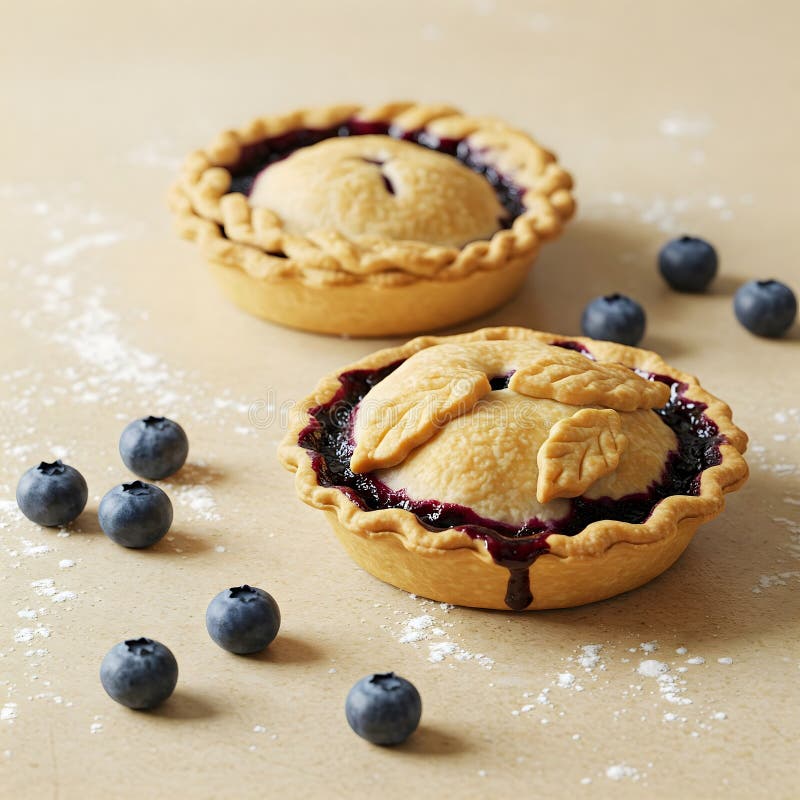 Two Mini Blueberry Pies are Displayed with Fresh Blueberries on a Light ...