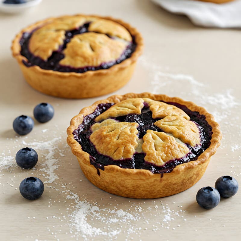 Two Mini Blueberry Pies are Displayed with Fresh Blueberries on a Light ...