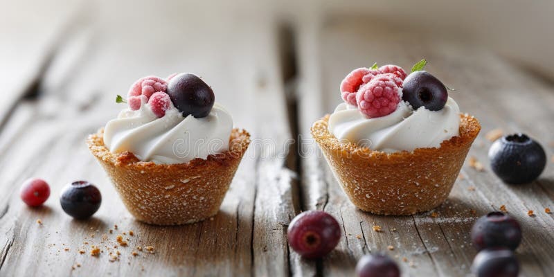 Two Mini Desserts with Creamy Topping and Berries on a Wood Surface ...