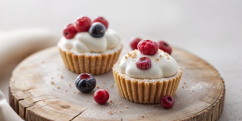 Two Mini Desserts with Creamy Topping and Berries on a Wood Surface ...