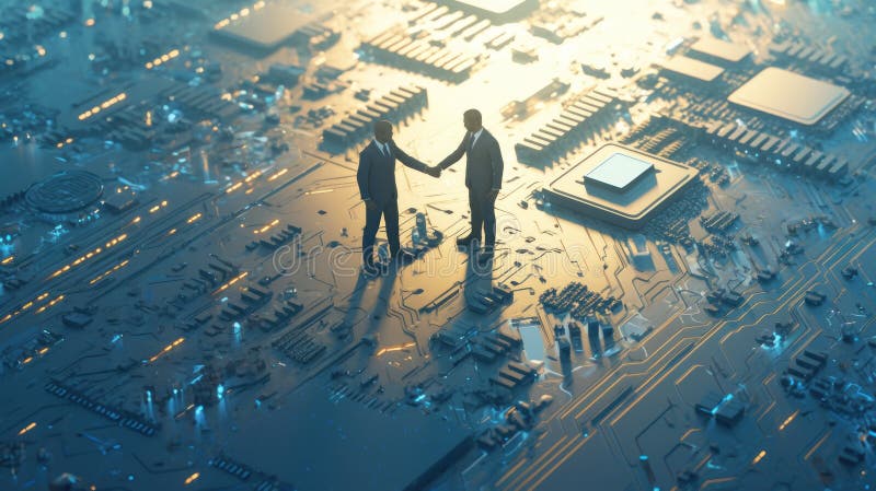 Two Miniature Business People Shaking Hands Over an Electronic Circuit ...