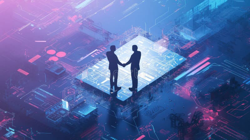 Two Miniature Business People Shaking Hands Over an Electronic Circuit ...