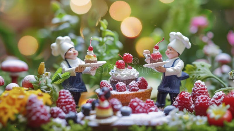 Adorable Pastry Chefs Serving Delicious Cakes in a Whimsical Garden Stock Illustration ...