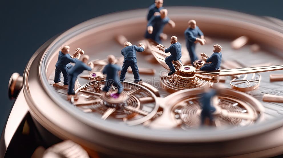 Two Miniature Figures Skillfully Work on the Gears of a Luxurious Clock ...