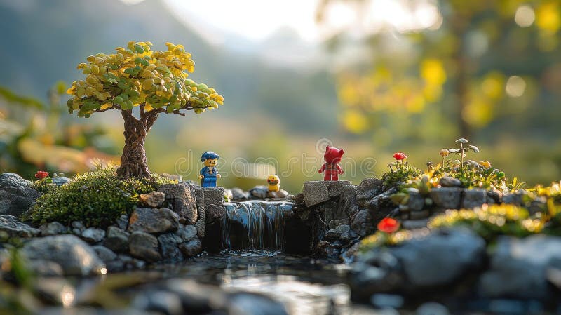 Two Miniature Figures Standing on a Rock by a Small Waterfall in a ...