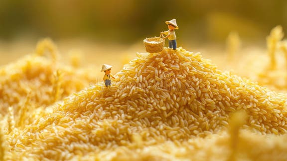Two Miniature Figures Working on a Mound of Rice Stock Illustration ...