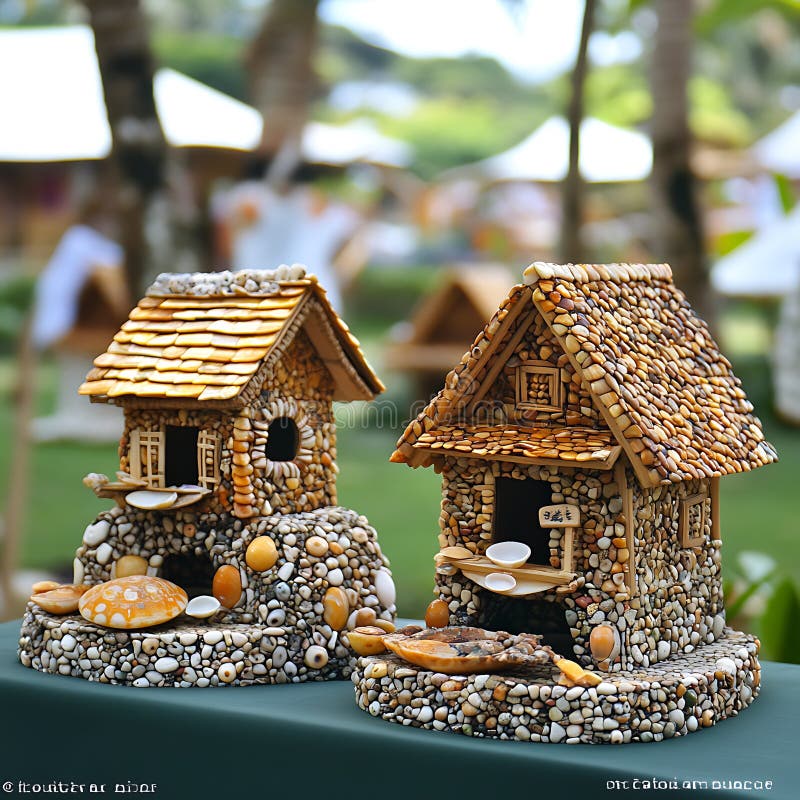 Two Miniature Houses Made from Seashells and Pebbles Stock Illustration ...