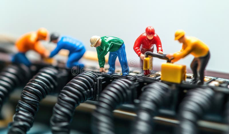 Two Tiny Miniature Men Diligently Working Cable Connector Stock Photos ...