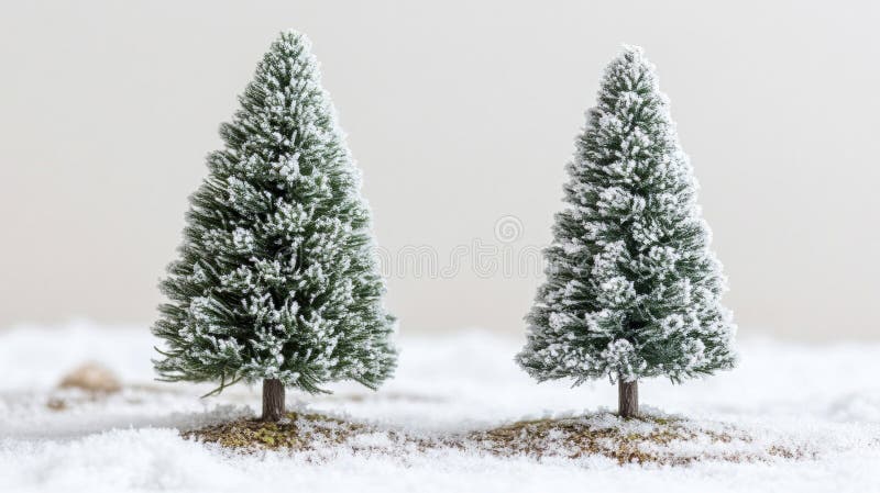 Two Miniature Snow Covered Trees on Snowy Ground Stock Illustration ...