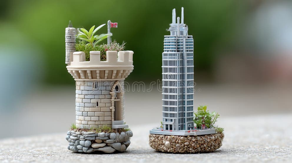 Two Miniature Structures Stand Side by Side on a Flat Surface Stock ...