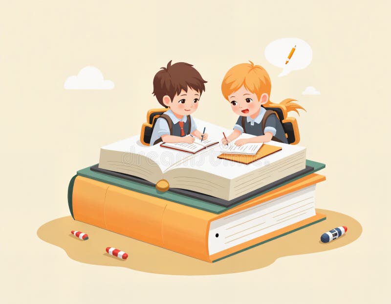 Two Miniature Students Collaborate on Homework Tasks Sitting at a Table ...