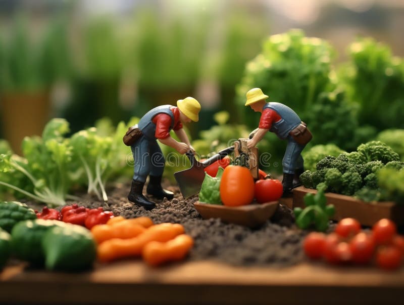 Two Miniature Workers Working on Vegetables. Stock Illustration ...