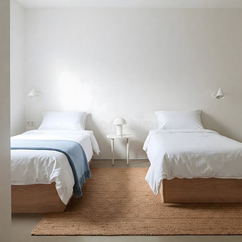 Two Minimalist Single Beds with White Linens and a Blue Throw ...
