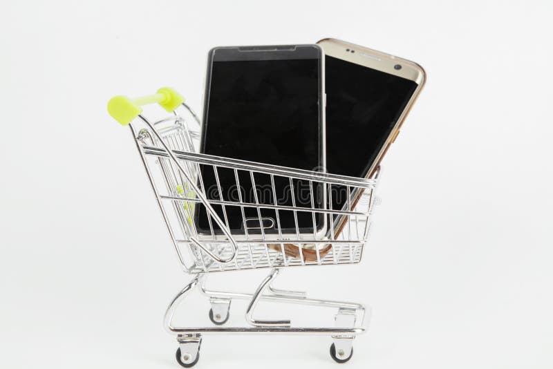Two Mobile Phones on the Mini Shopping Cart Stock Image - Image of cart ...