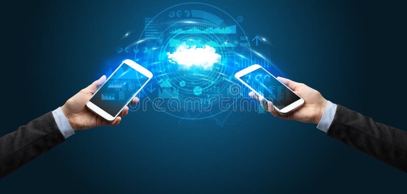 Phones Syncing through the Cloud Stock Photo - Image of device, close ...