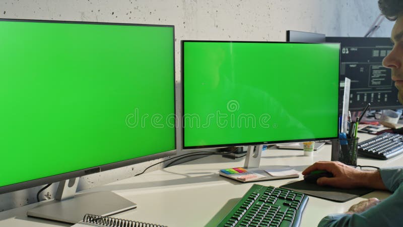 Two Mockup Monitors Placed at Light Office Table Zoom Out. Man Working ...