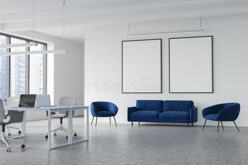 Two Mockups and Accent Blue Seating Area in Grey and White Office Stock ...
