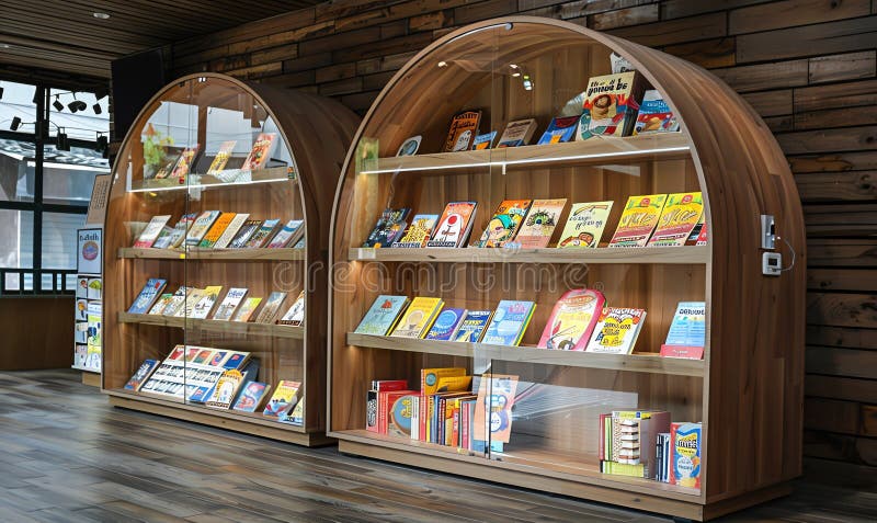 Two Modern Bookcases Displaying Colorful Childrens Books in a Retail ...