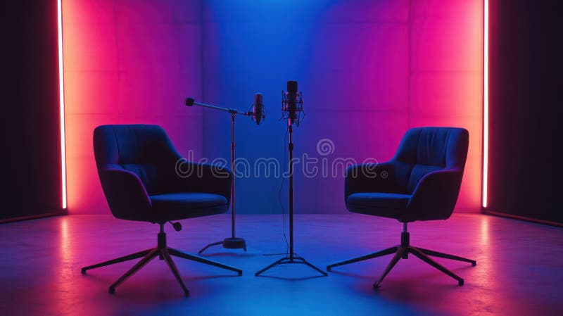 Two Modern Chairs with Microphone Setup for Podcast Recording in Neon ...
