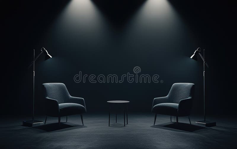 Two Modern Chairs and a Small Table Illuminated by Overhead Lights in a ...