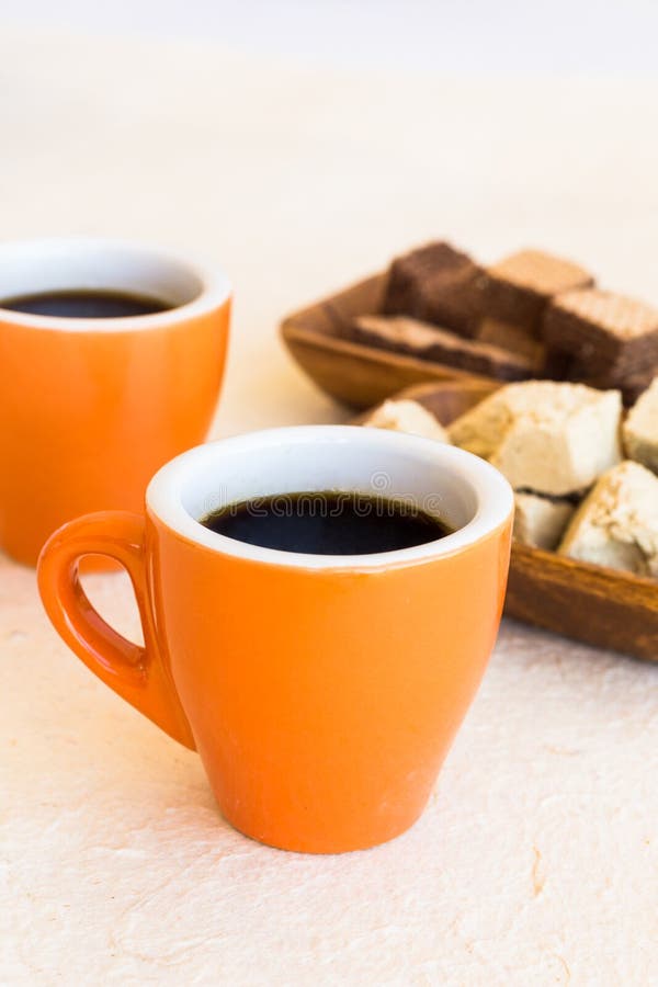 Two Modern Coffee Cups with Plates of Sweets Stock Image - Image of ...