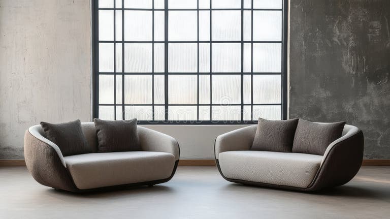 Two Modern, Curved Sofas Sit in Front of a Large Window in a Loft-Style ...