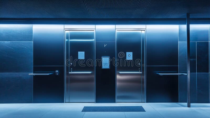 Two Modern Elevators in a Blue-Tiled Hallway Stock Illustration ...