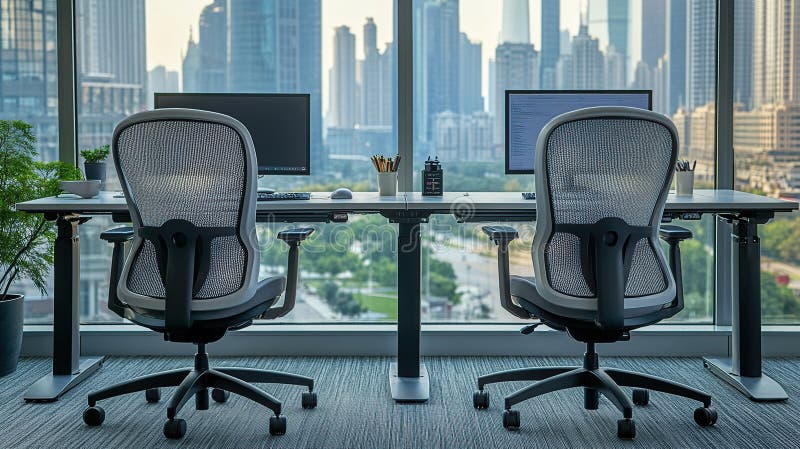 Two Modern Ergonomic Office Chairs Facing a Large Window Overlooking a ...