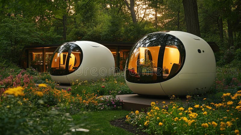 Two Modern, Oval-shaped Pods in a Garden Setting. Tranquil Retreat ...