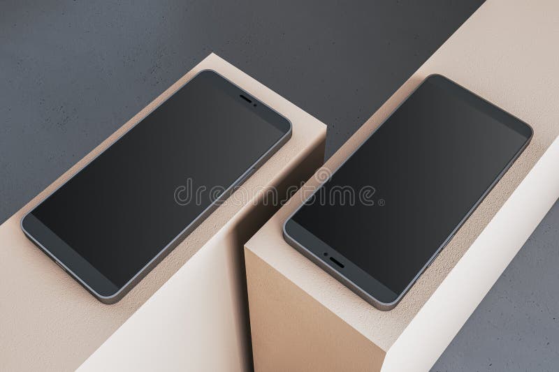 Two Modern Smartphones with Blank Screens on Beige Blocks, Displayed ...
