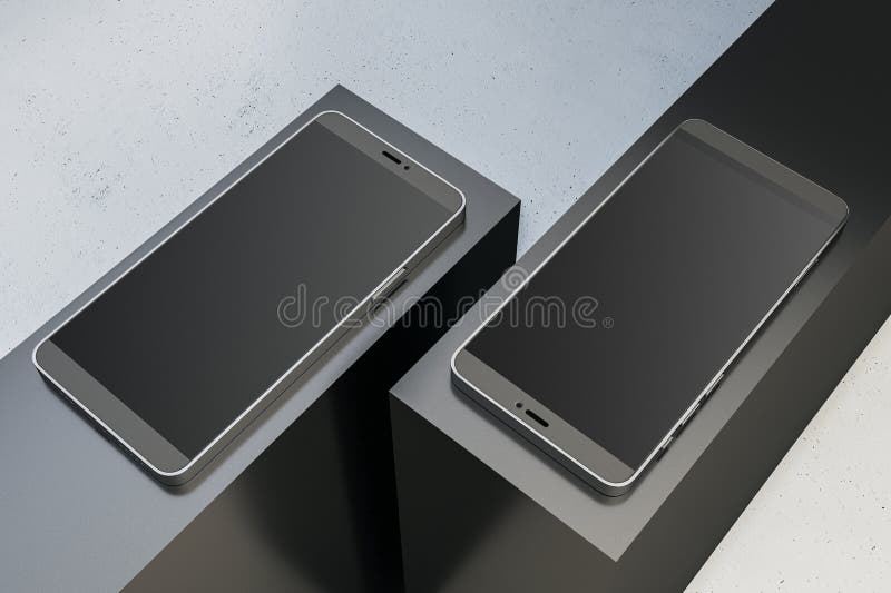 Two Modern Smartphones with Blank Screens Displayed on Elevated ...