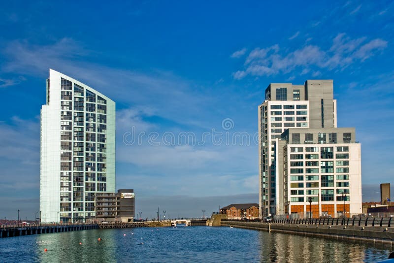 Two Modern Tower Block Near Canal in Liverpol Stock Image - Image of ...