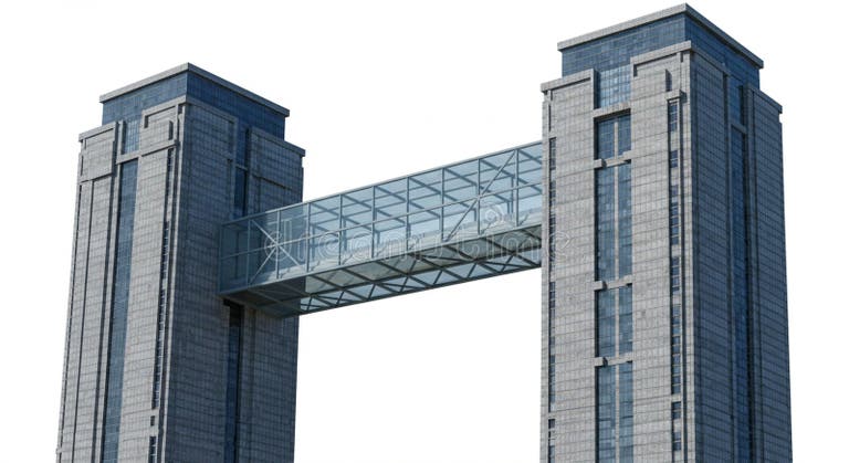 Two Modern Towers are Connected by a Glass Skybridge, Featuring a Grid ...