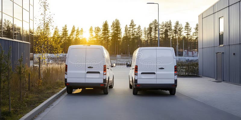 Two White Cargo Vans Parked at an Industrial Facility during Sunset ...