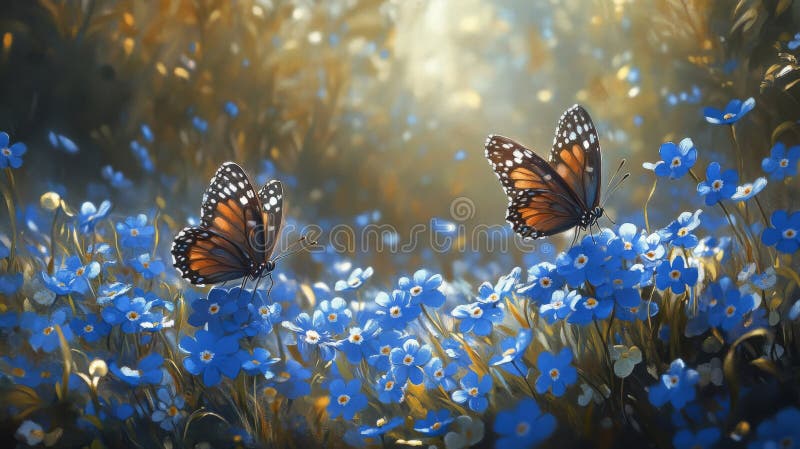 Two Monarch Butterflies Flying Over Blue Forget Me Nots Stock ...