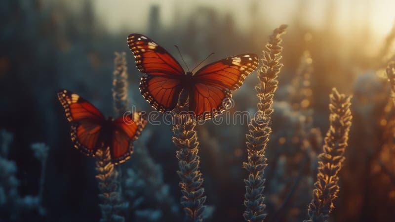 Two Monarch Butterflies Resting on Plants at Sunset Stock Illustration ...