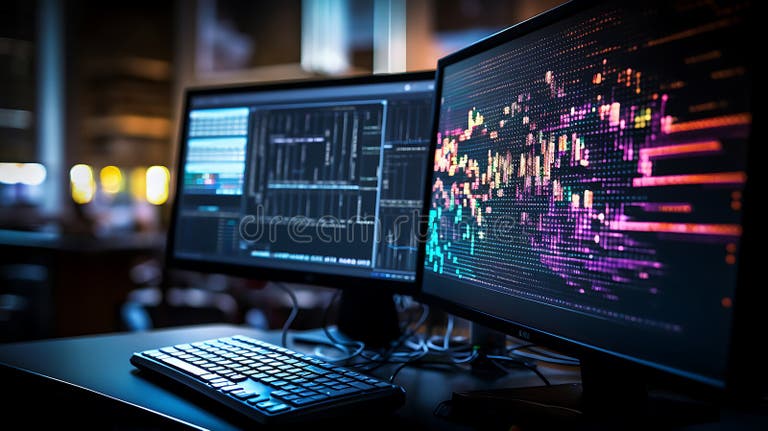 Two Monitors Displaying Complex Data Analysis with Keyboard in a Dark ...