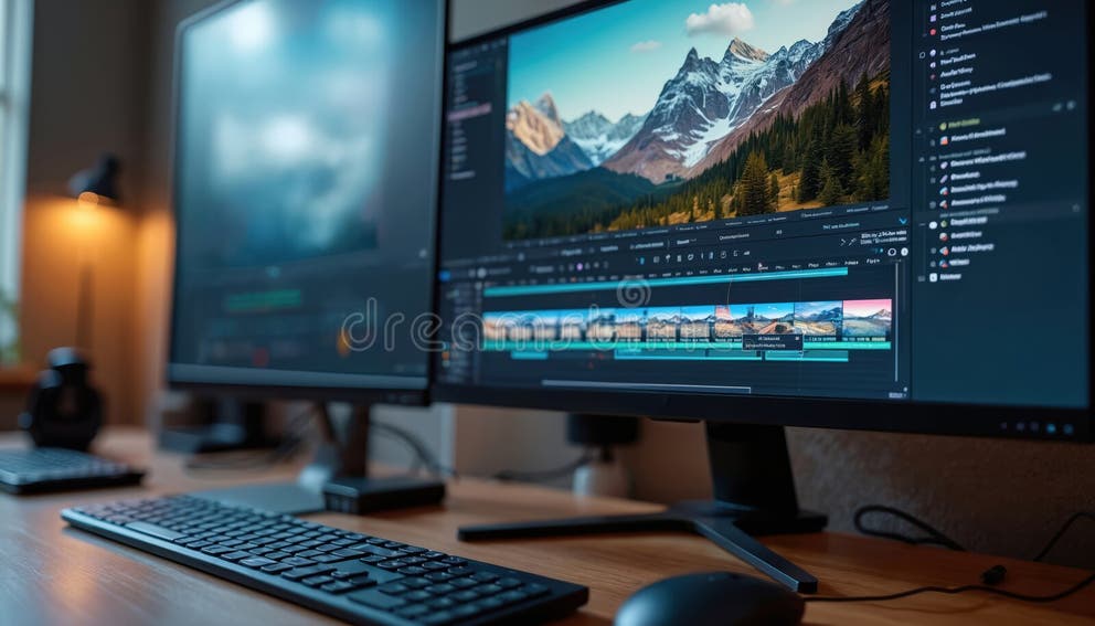 Two Monitors Display Video Editing Software Interface with Mountain ...