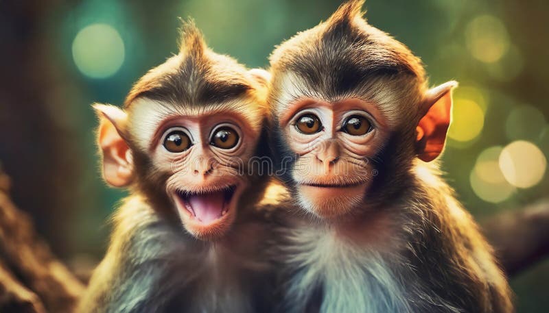 Two Monkey Babies Smiling. Cute Animal Portrait .ai Generated Stock ...